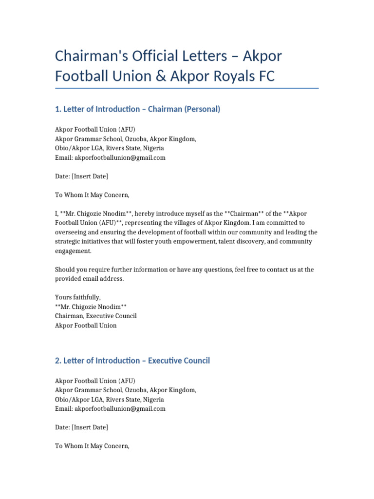 Chairman Official Letters AFU Akpor Royals | PDF