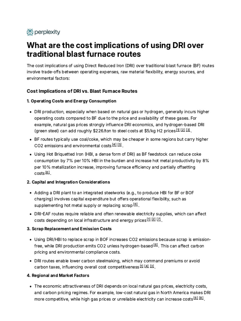 Cost Implications of DRI vs. BF Routes | PDF | Steelmaking | Secondary Sector Of The Economy