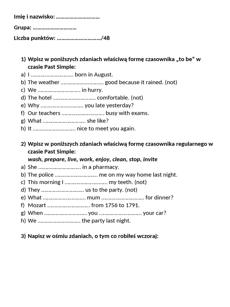 Test A2 Past Simple | PDF