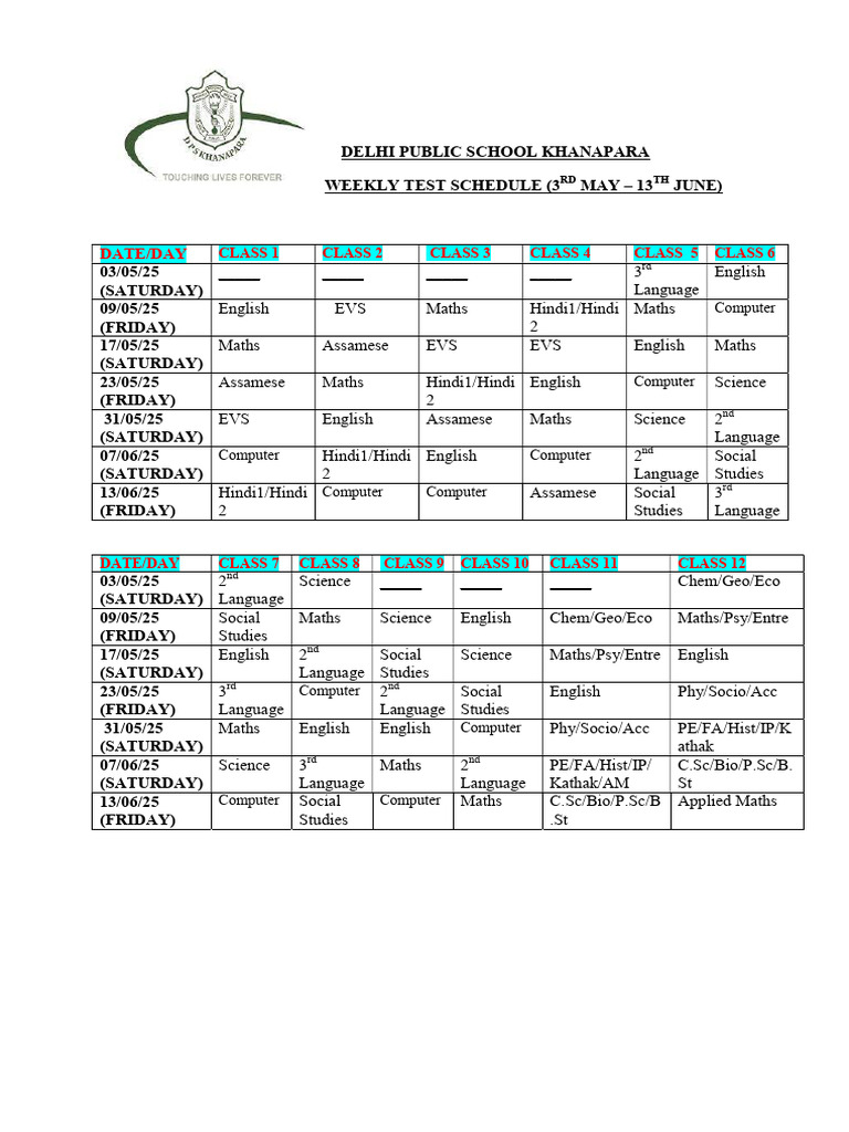 Weekly Test 1 Schedule 25 26 Pdf Science