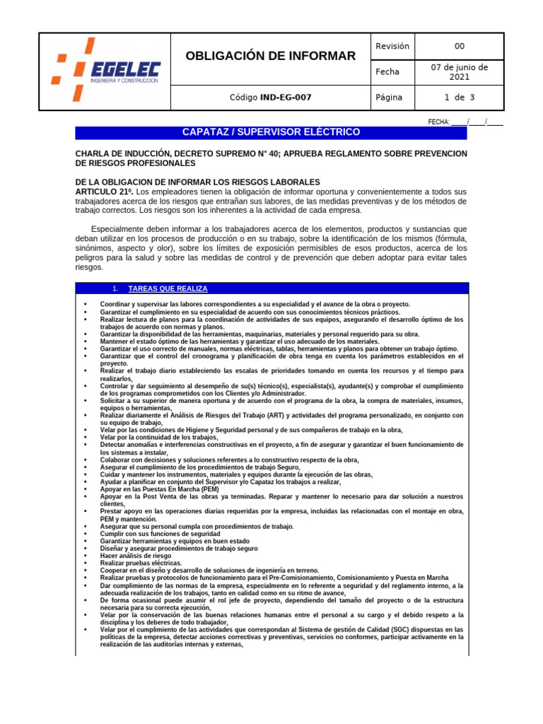 IND-EG-007 Obligación de Informar Capataz Supervisor Eléctrico | PDF ...