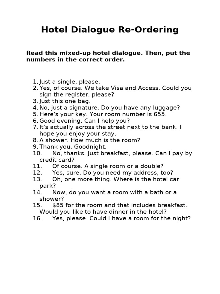Hotel Dialogue Re-Ordering Exercise | PDF