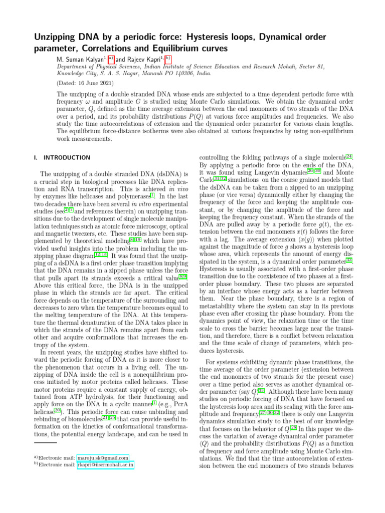 Unzipping DNA by A Periodic Force Hysteresis Loops, Dynamical Order ...