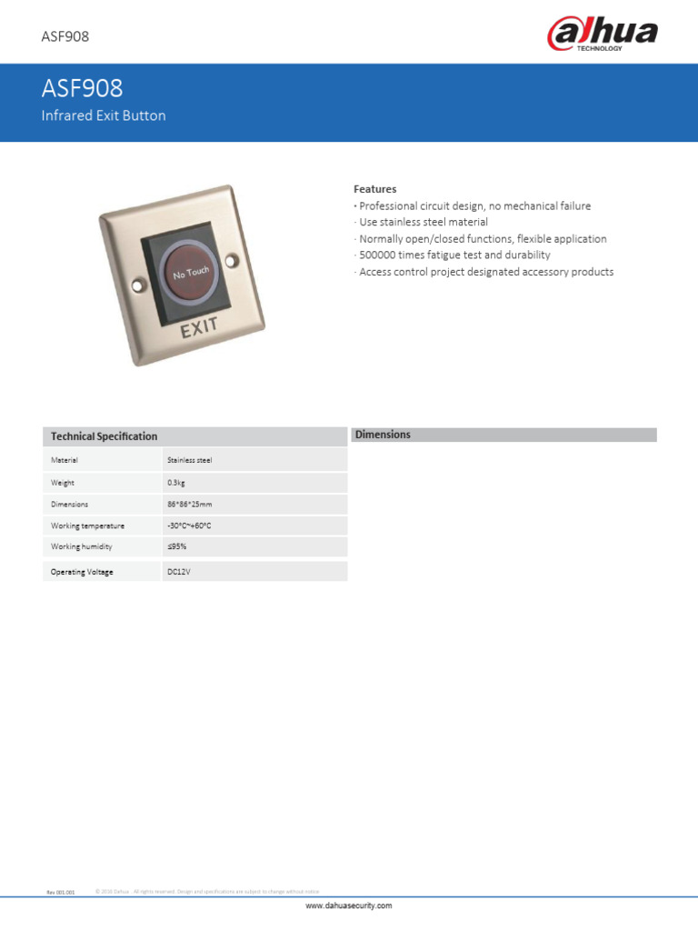 ASF908 Infrared Exit Button Specs | PDF