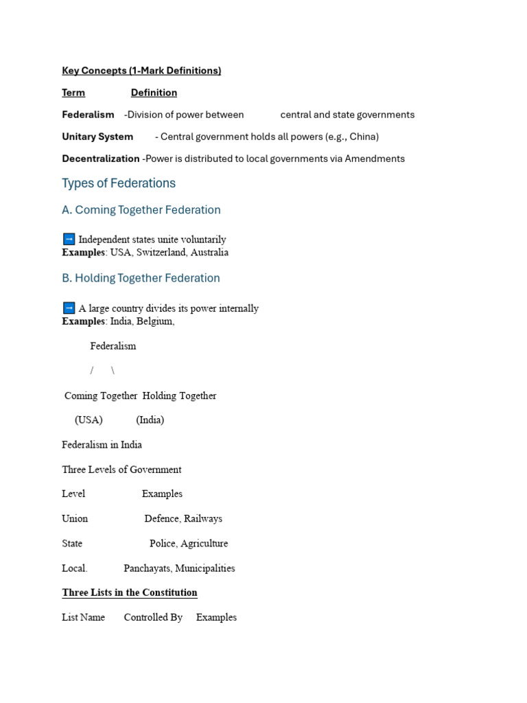 class 10 civics chapter 2 Federalism notes | PDF
