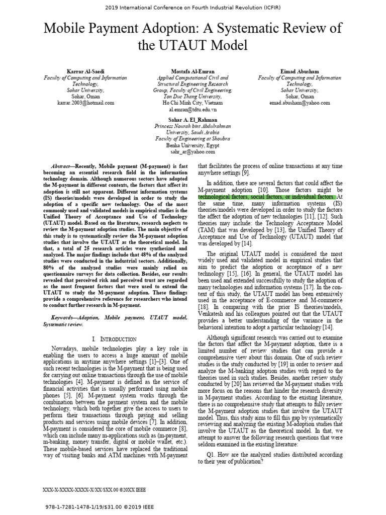 Mobile Payment Adoption a Systematic Review of the UTAUT Model | PDF | Systematic Review | Adoption