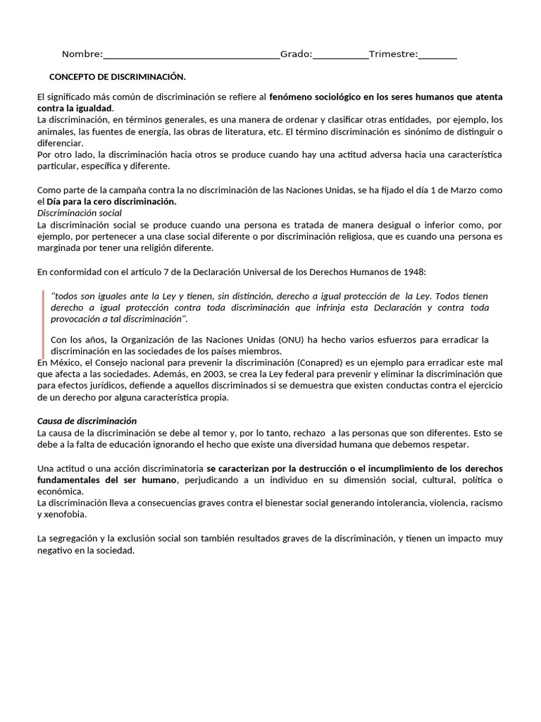 DOCUMENTO 1. Discriminación. | PDF | Discriminación | Psicología Social
