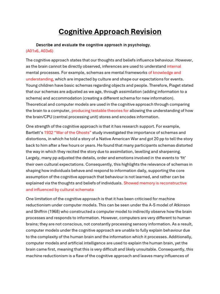 Cognitive Approach Revision | PDF | Schema (Psychology) | Cognition