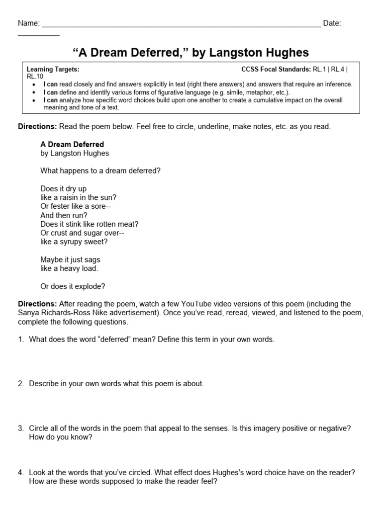 "A Dream Deferred," by Langston Hughes | PDF | Cognition