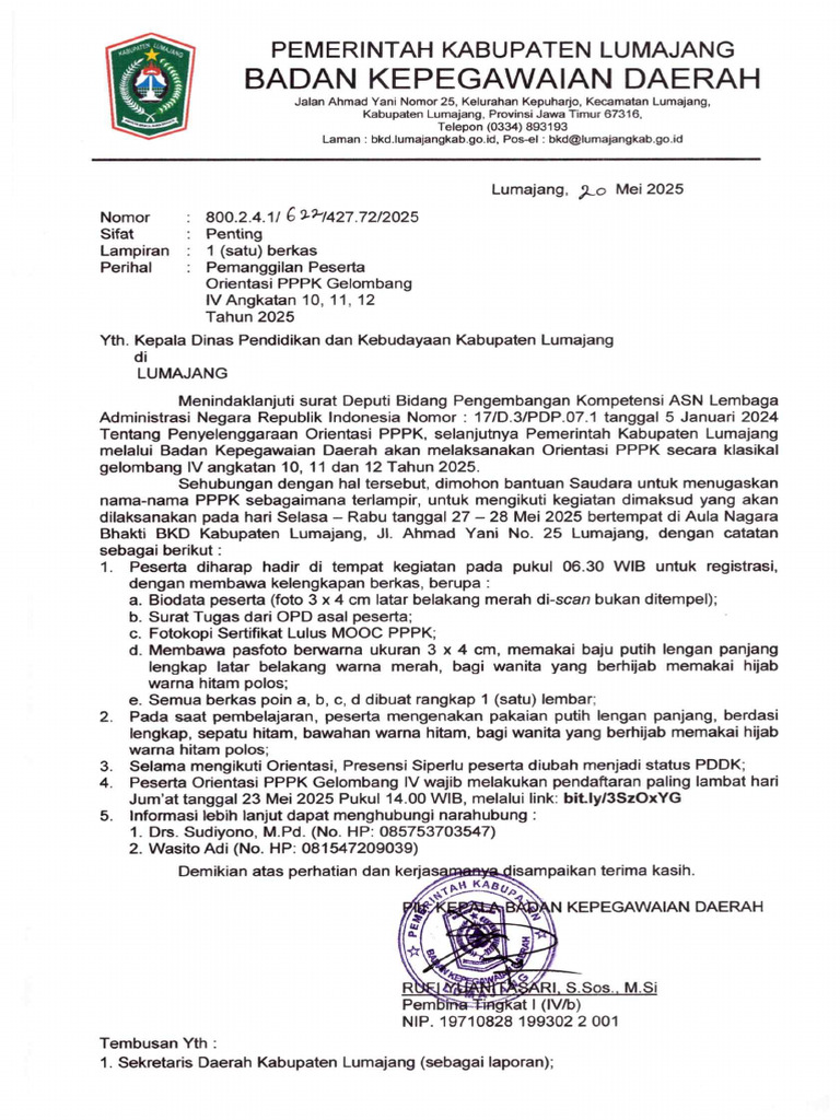 Surat Pemanggilan PPPK GEL 4. 2025 | PDF