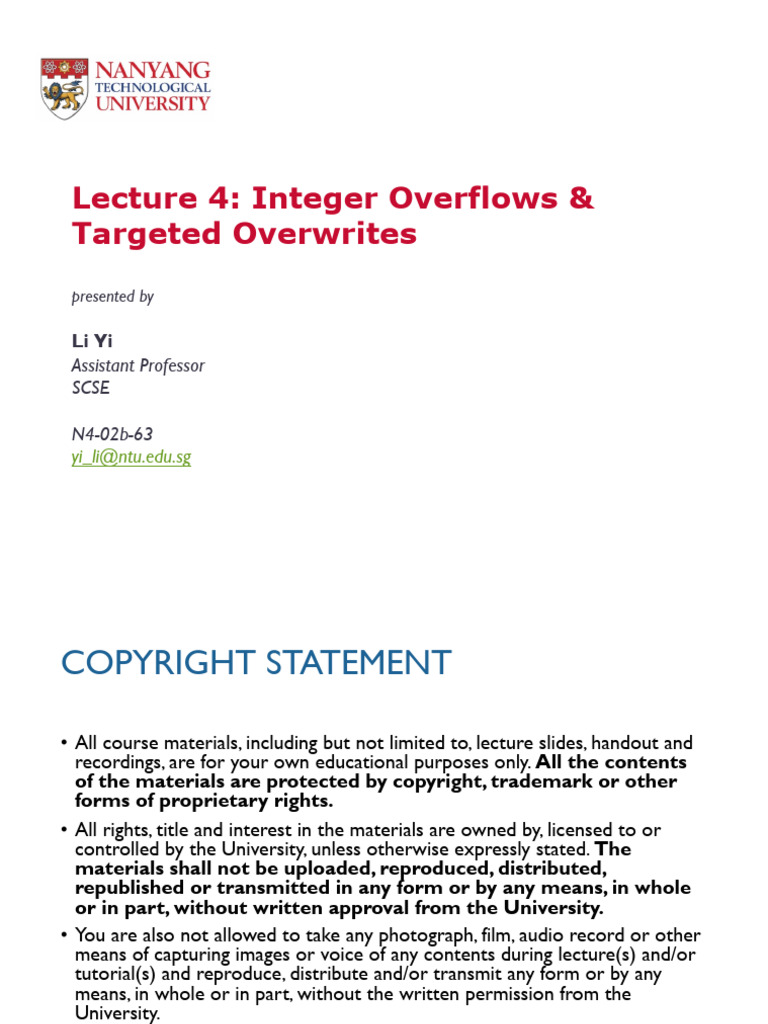 SC4012 Lecture 4 Integer Overflows and Targeted Overwrites | PDF ...