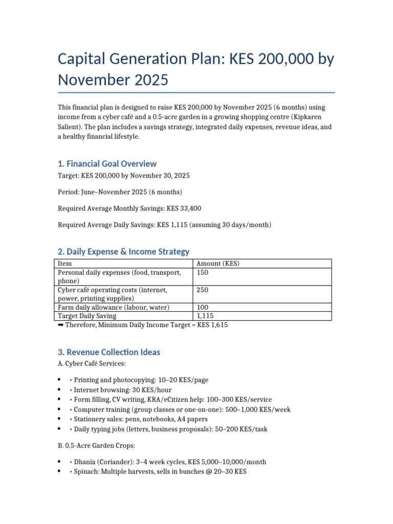 Capital Generation Plan for KES 200,000 | PDF