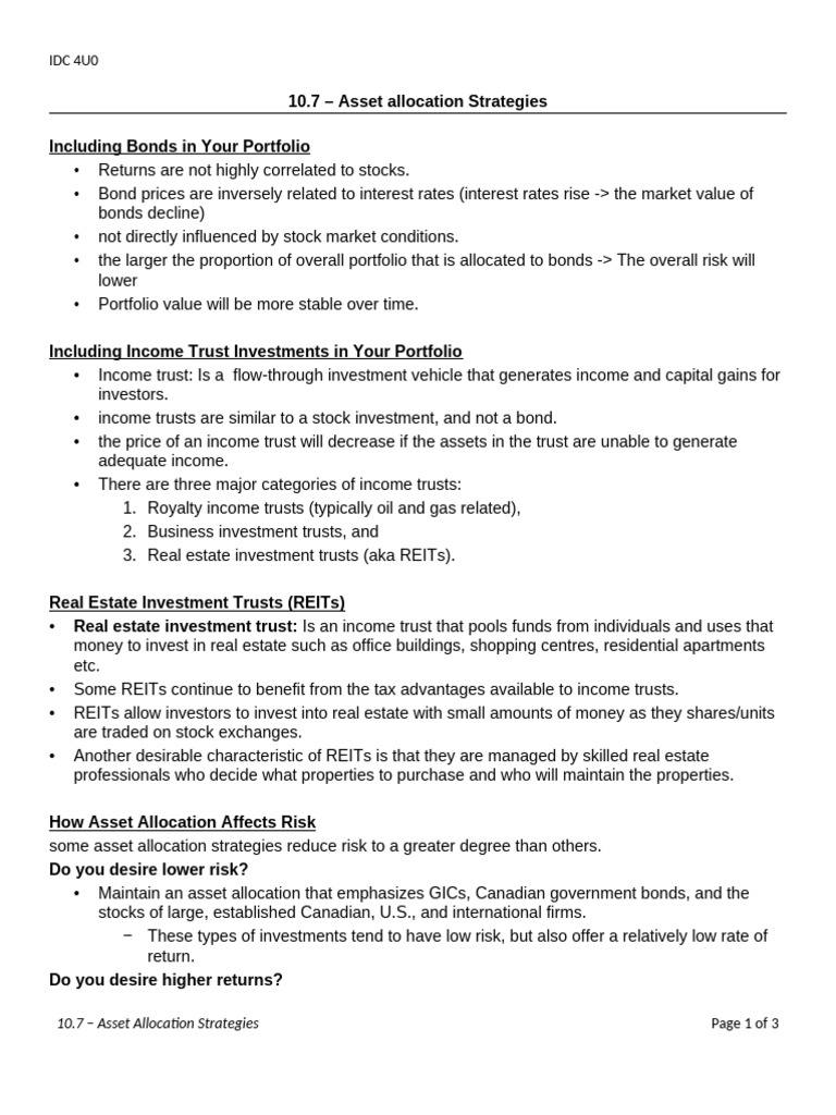 CH 010.7 - Asset Allocation Strategies (Guided Note) | PDF | Investing ...