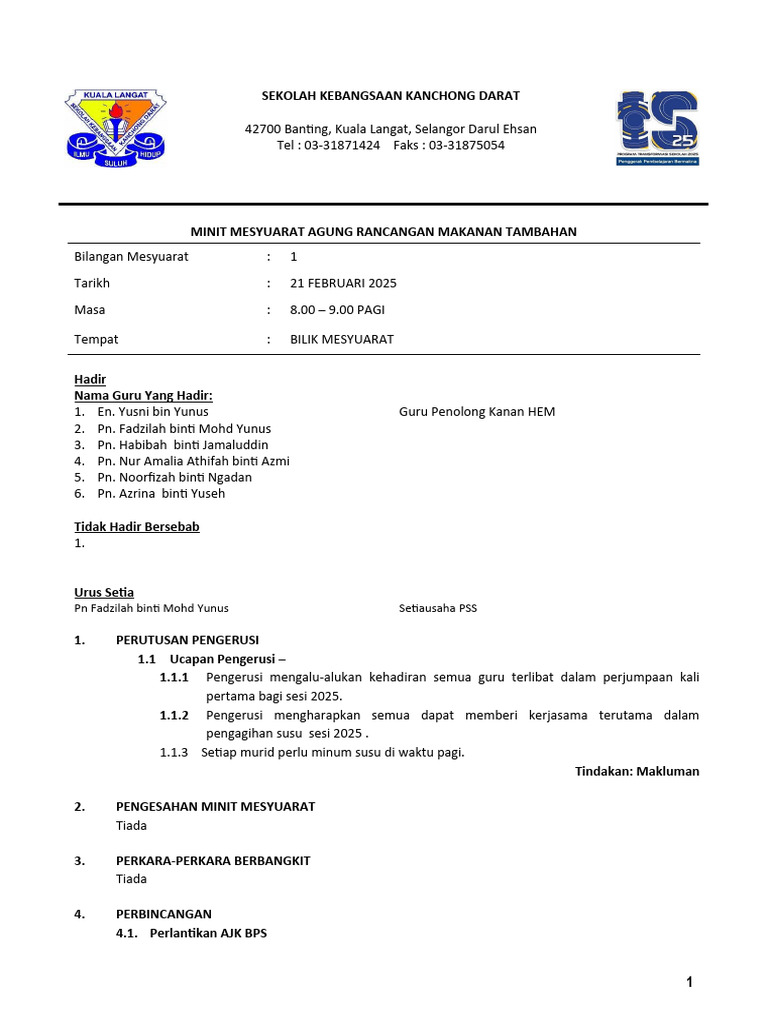 Minit Mesyuarat 1 Program Susu Sekolah 2025 | PDF