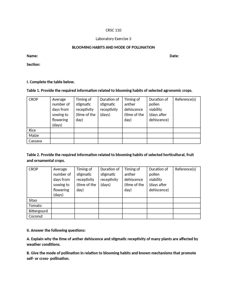 Crop Science Lab Exercise 3 Sheet | PDF | Pollination | Flowers