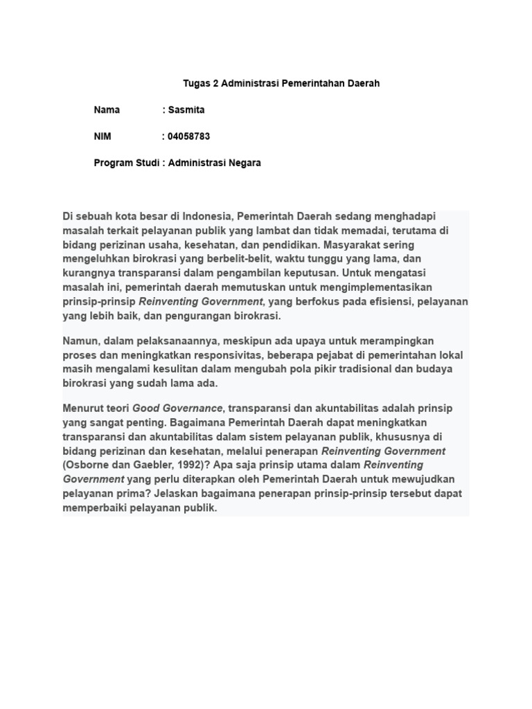 Tugas 2 Administrasi Pemerintahan Daerah Sasmita | PDF