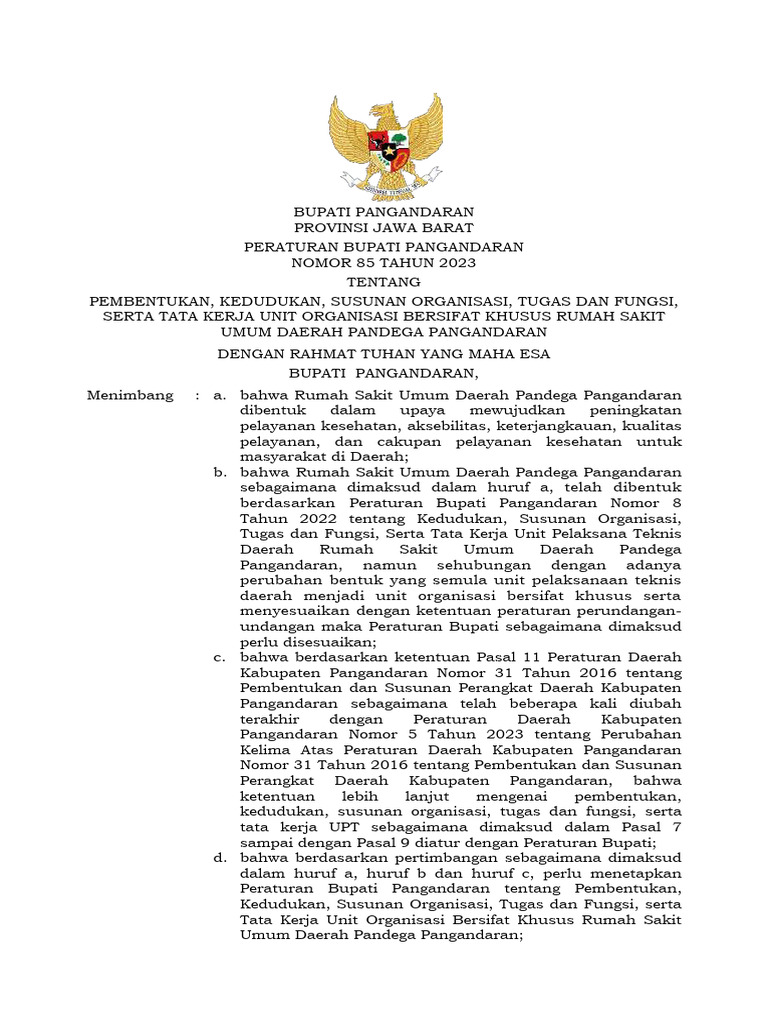Perbup Nomor 85 Tahun 2023 Tentang Pembentukan, SOTK UOBK RSUD PANDEGA PANGANDARAN | PDF