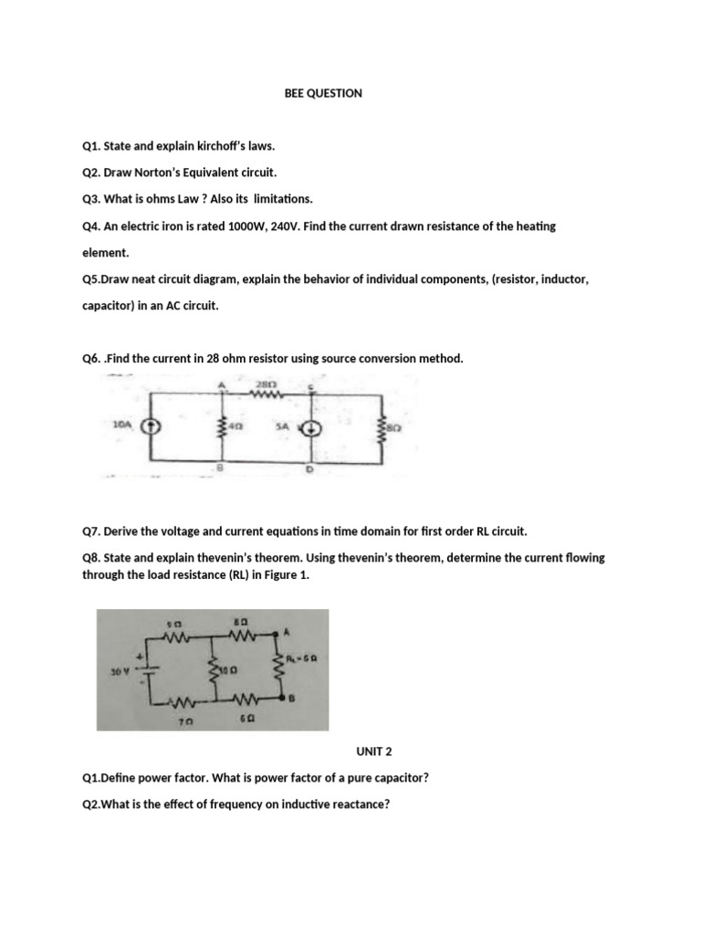 BEE QUESTION Unit 1 and 2. | PDF | Electrical Impedance | Electrical ...