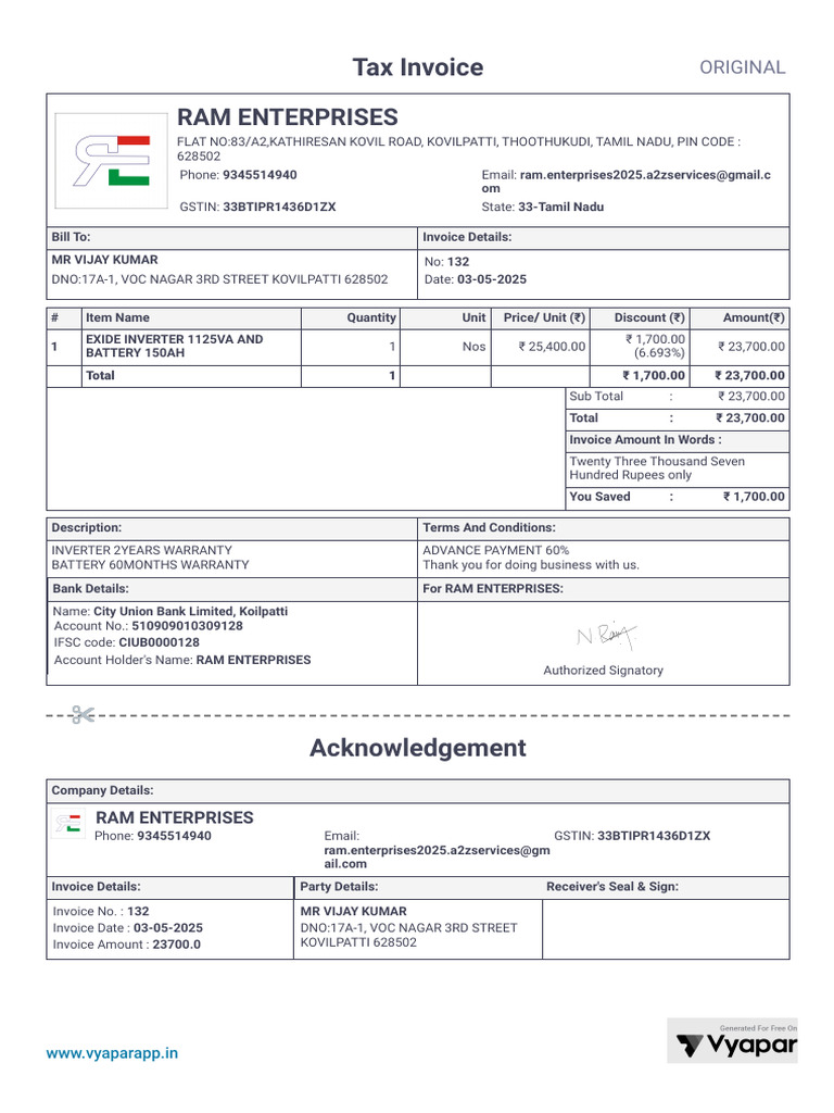 MR Vijay Kumar 132 03-05-2025 Original | PDF | Invoice | Payments