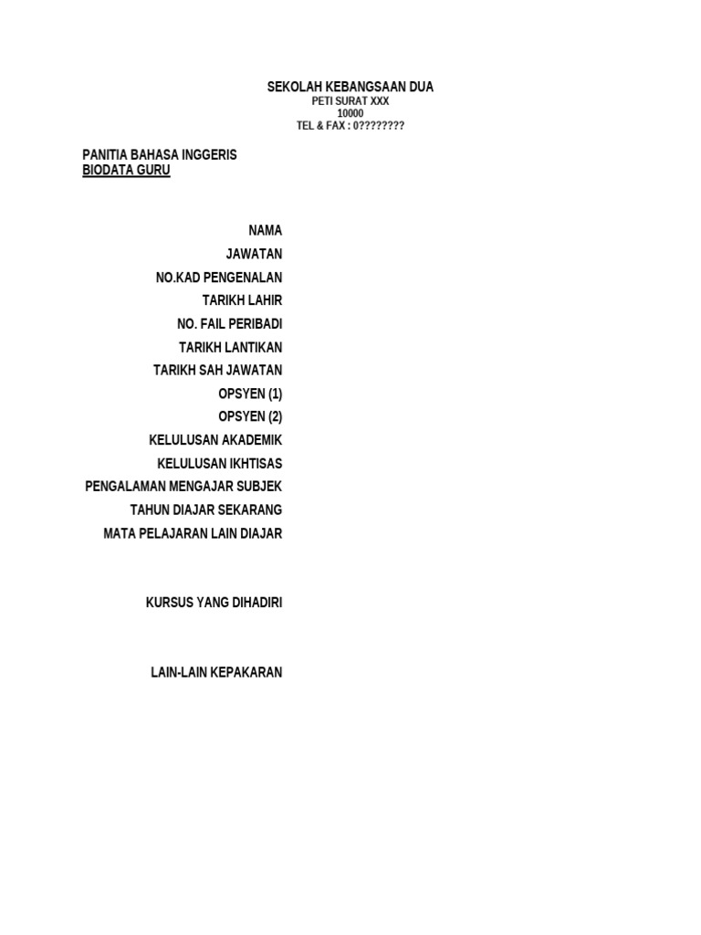 Borang Biodata Guru Panitia MP | PDF