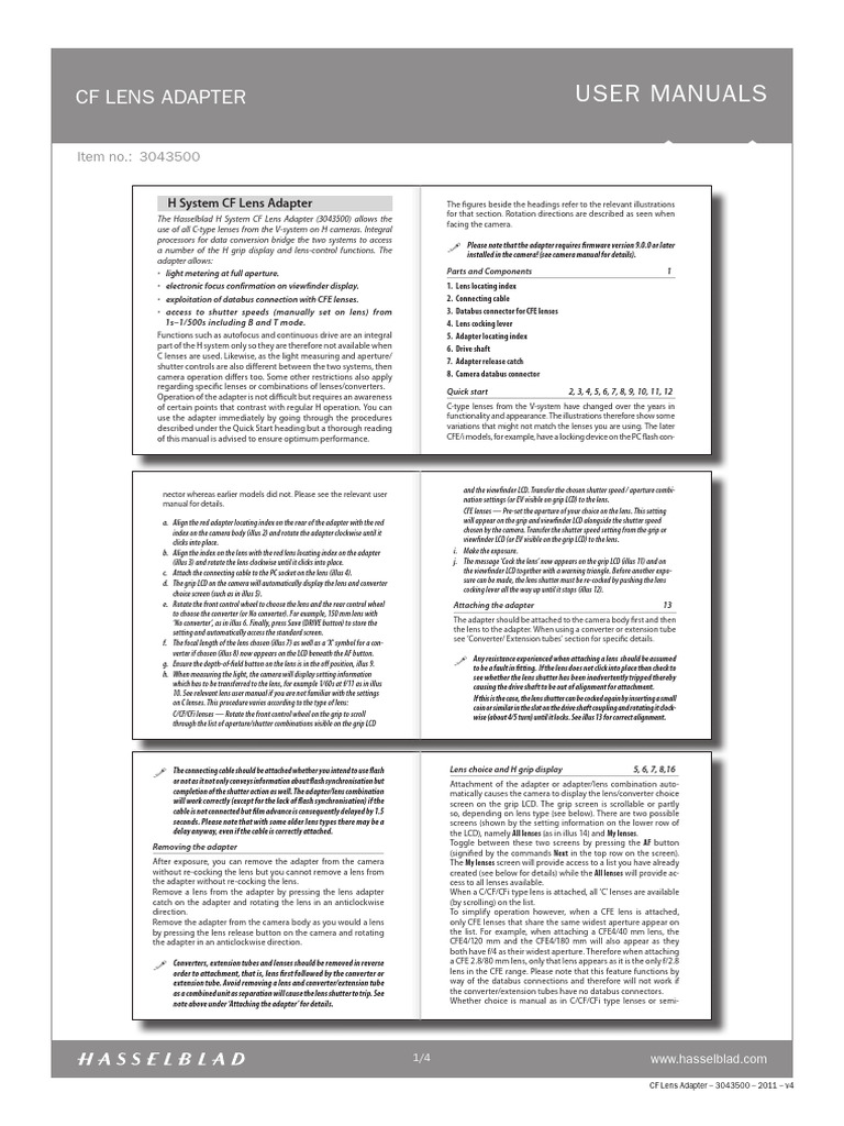 Hasselblad CF Lens Adapter User Manual V4 | PDF | Camera Lens | Camera