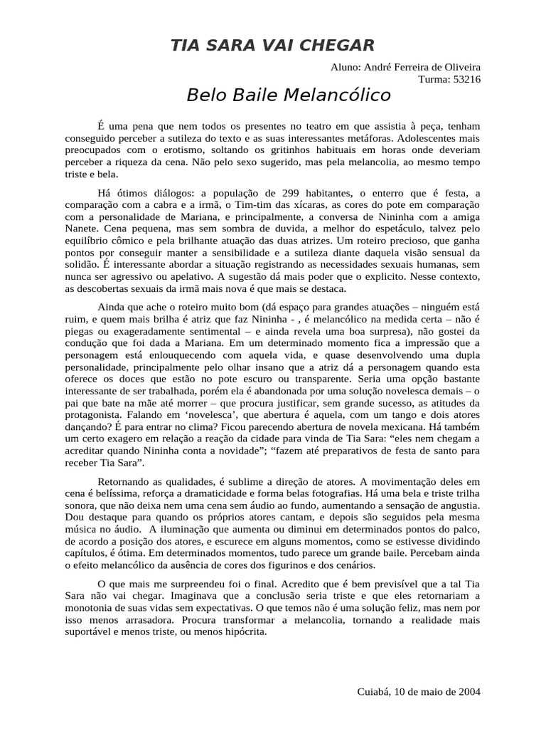 Chegada de Tia Sara: Expectativas e Melancolia | PDF