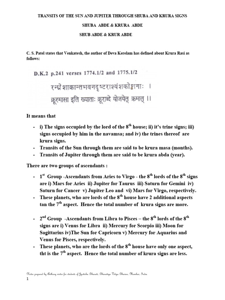 Transits of The Sun and Jupiter Through Shuba and Krura Signs | PDF ...