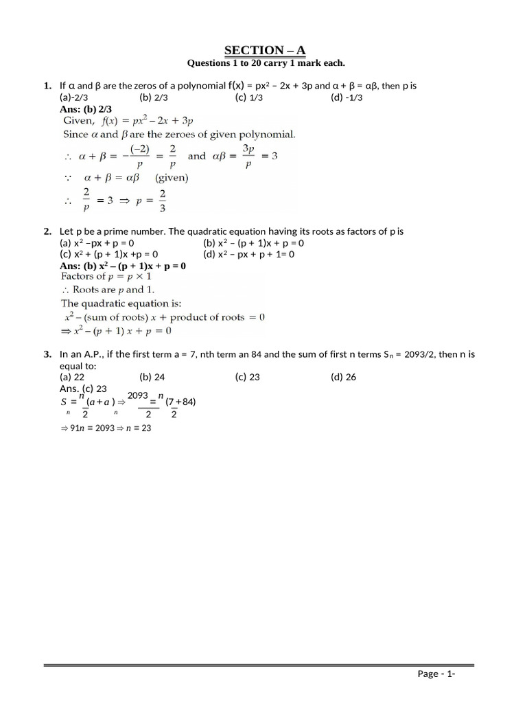 Section - A: β ofa polynomial = px - 2x+ α + β = p is (a) - (b) (c) (d ...