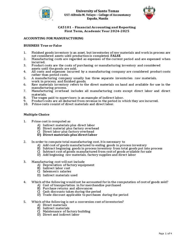 Manufacturing Exercises 2024 | PDF | Cost Of Goods Sold | Inventory