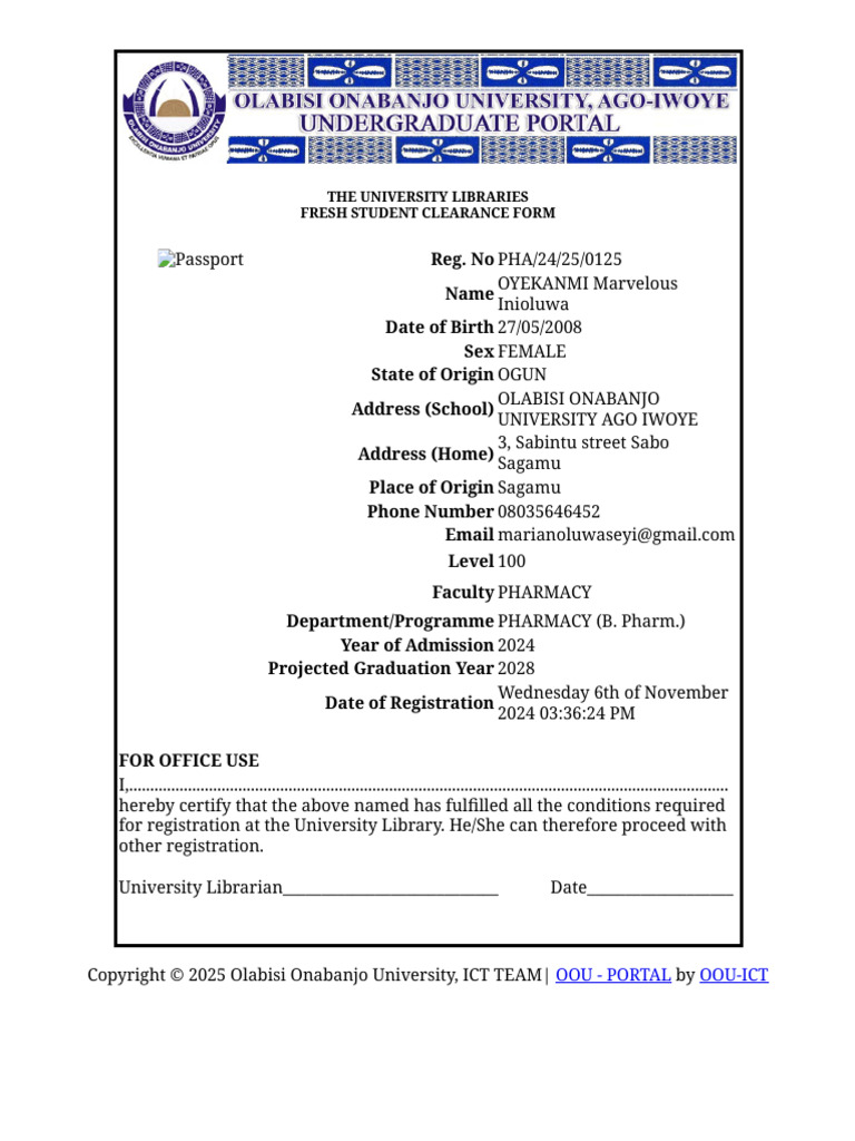 OOU Library Clearance Form for Pharmacy | PDF | Qualifications | Pharmacy