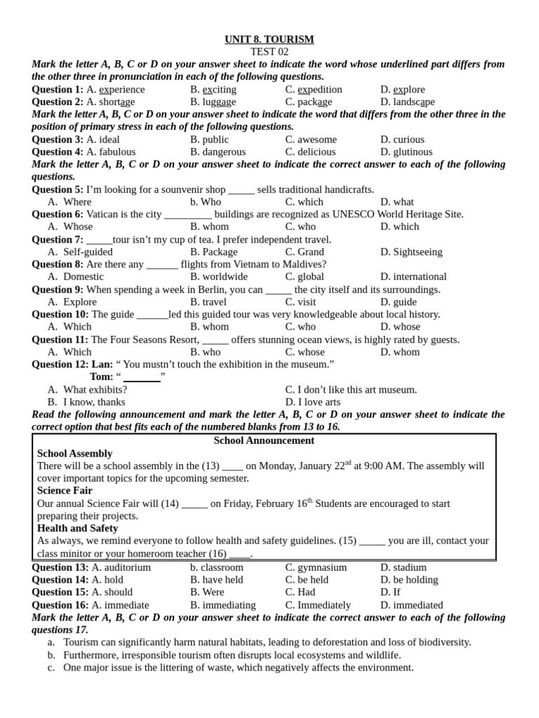 UNIT 8 - Test 2 | PDF | Tourism | Sports