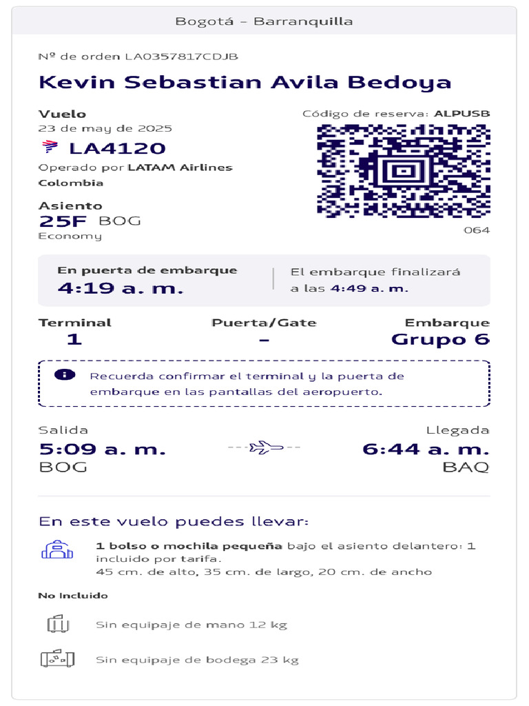 Tarjeta de Embarque Kevin Sebastian A LA4120 | PDF