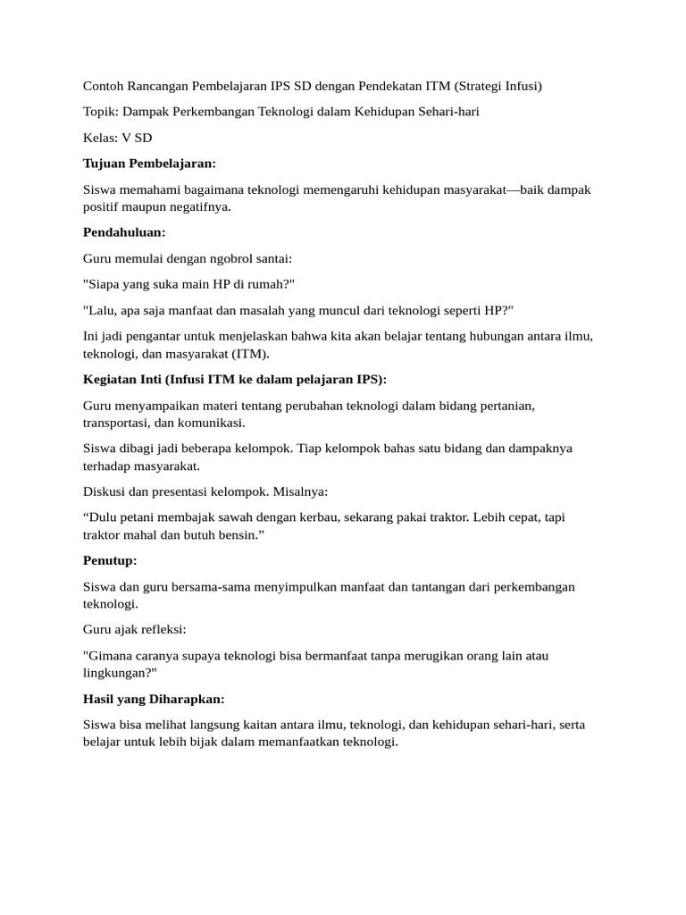 Contoh Rancangan Pembelajaran IPS SD Dengan Pendekatan ITM | PDF