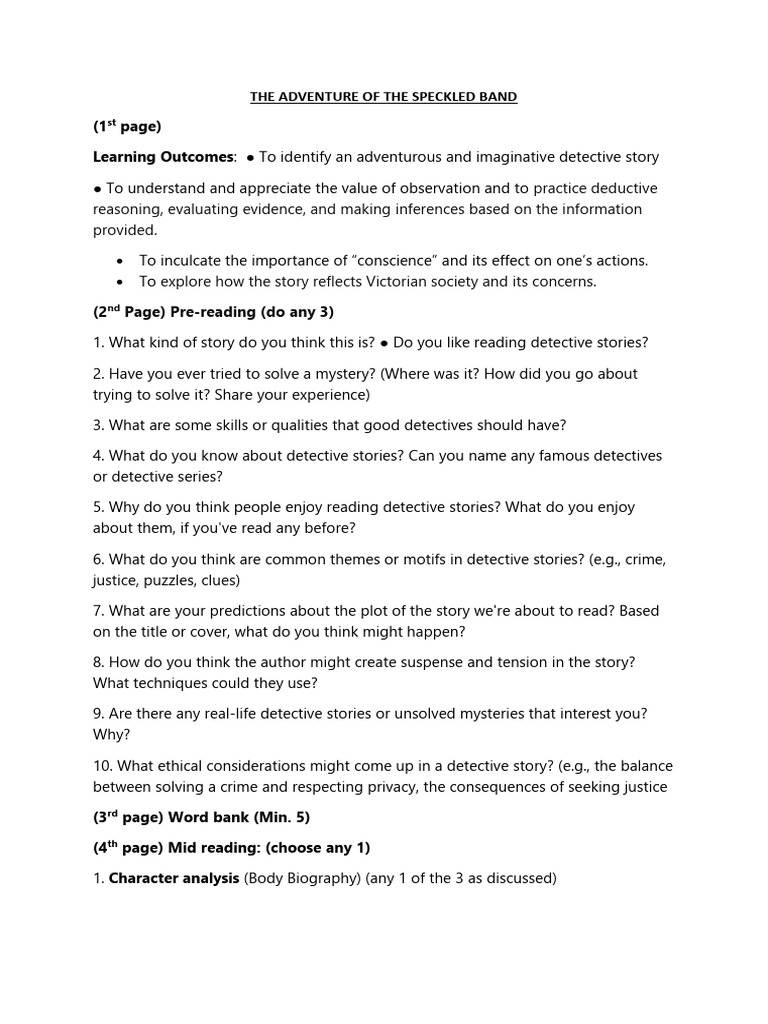 THE ADVENTURE OF THE SPECKLED BAND Activities | PDF | Detective Fiction ...