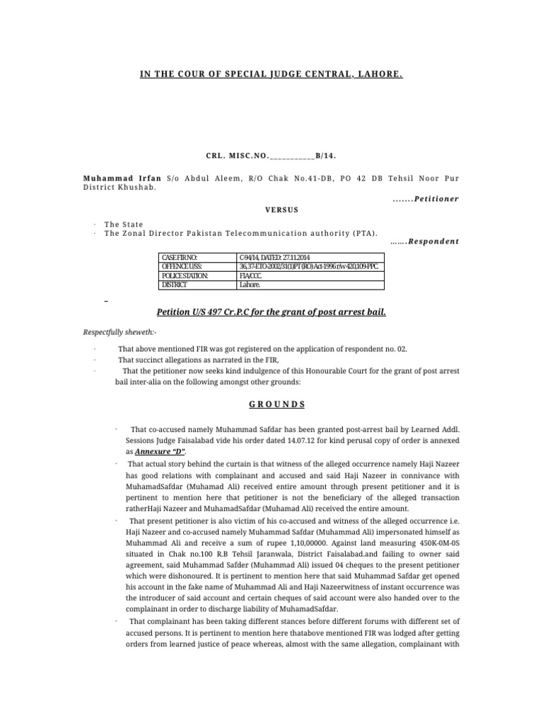 Sample Draft of Post Arrest Bail | PDF | Bail | Common Law