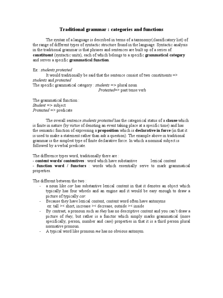 Traditional Grammar: Categories and Functions | PDF | Noun | Word