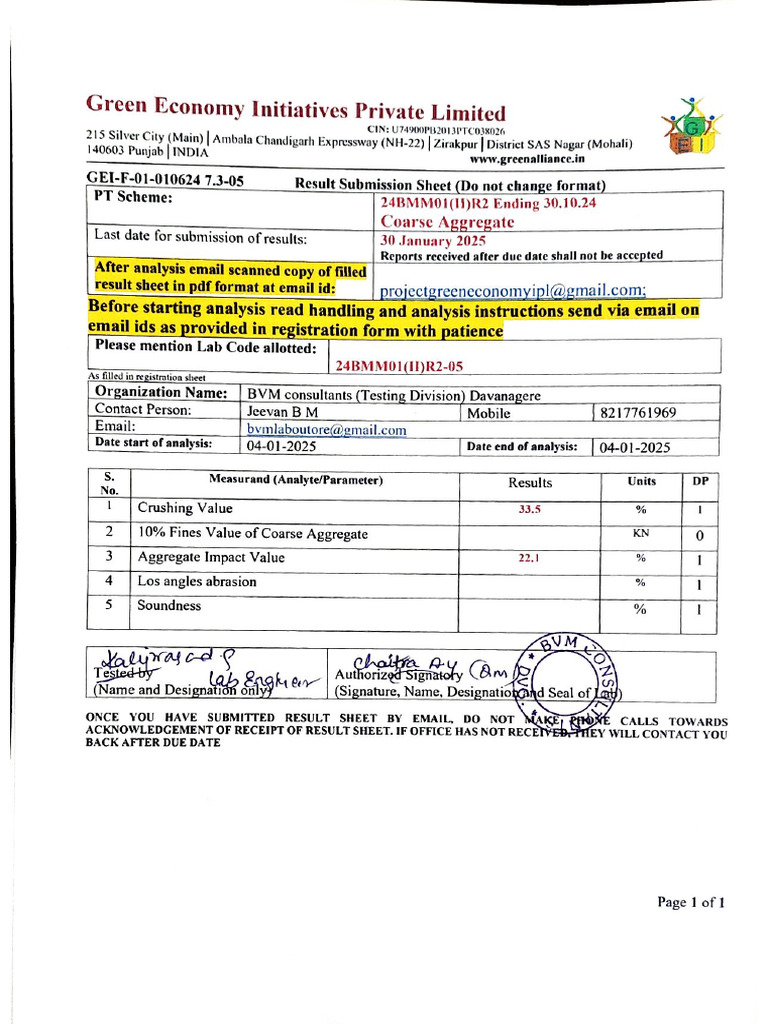 Coarse Aggregate Result Sheet 24BMM01 (II) R2 | PDF
