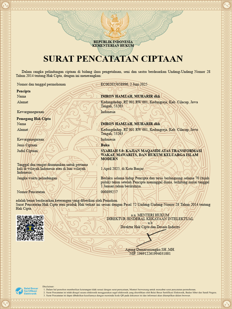SuratCiptaan - EC002025058996 HKI Buku Syariah 5.0 Imron, DKK | PDF