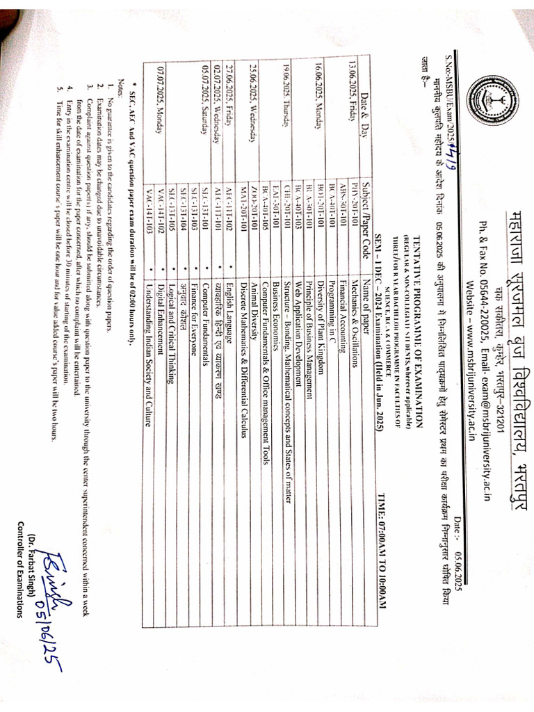 Time Table of BSC B.com and BCA Semester I Exam 2024 | PDF