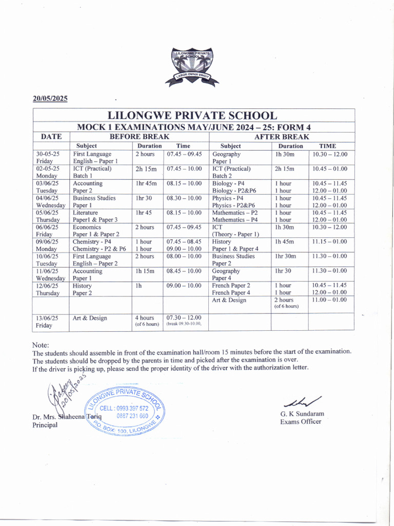 Lps Form 4 Mock-1 Exam Timetable | PDF