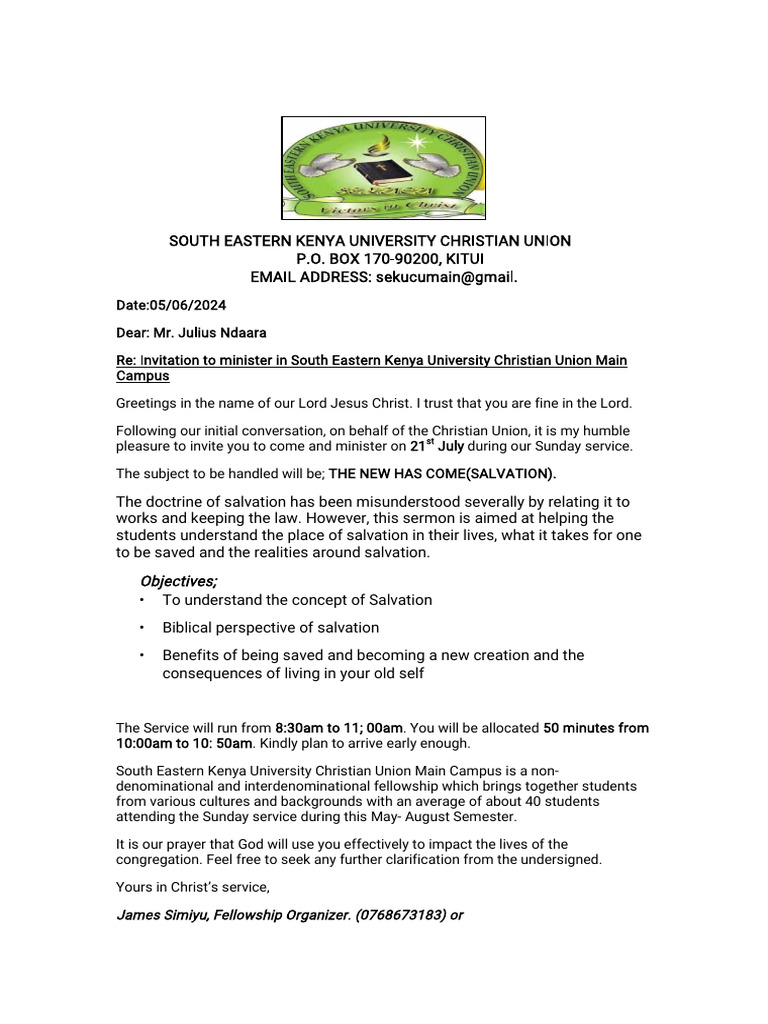 Invitation to Minister at SEKU Christian Union | PDF