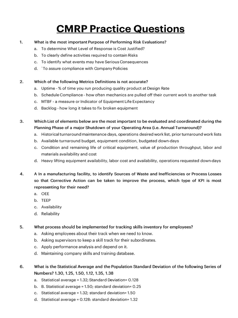 1. CMRP Practice Questions | PDF