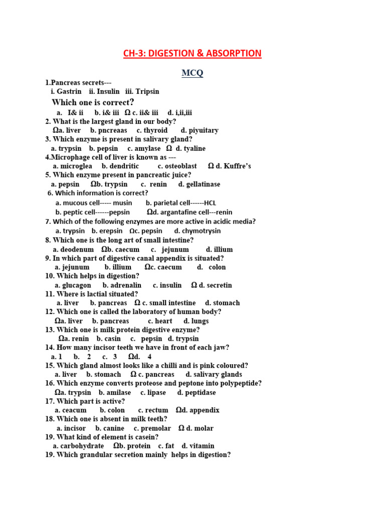 Ch-3 Digestion & Absorption | PDF | Digestion | Stomach