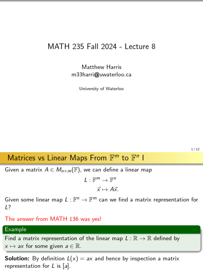 MATH 235 L8 - Matrix of a Linear Map | PDF | Linear Map | Matrix ...