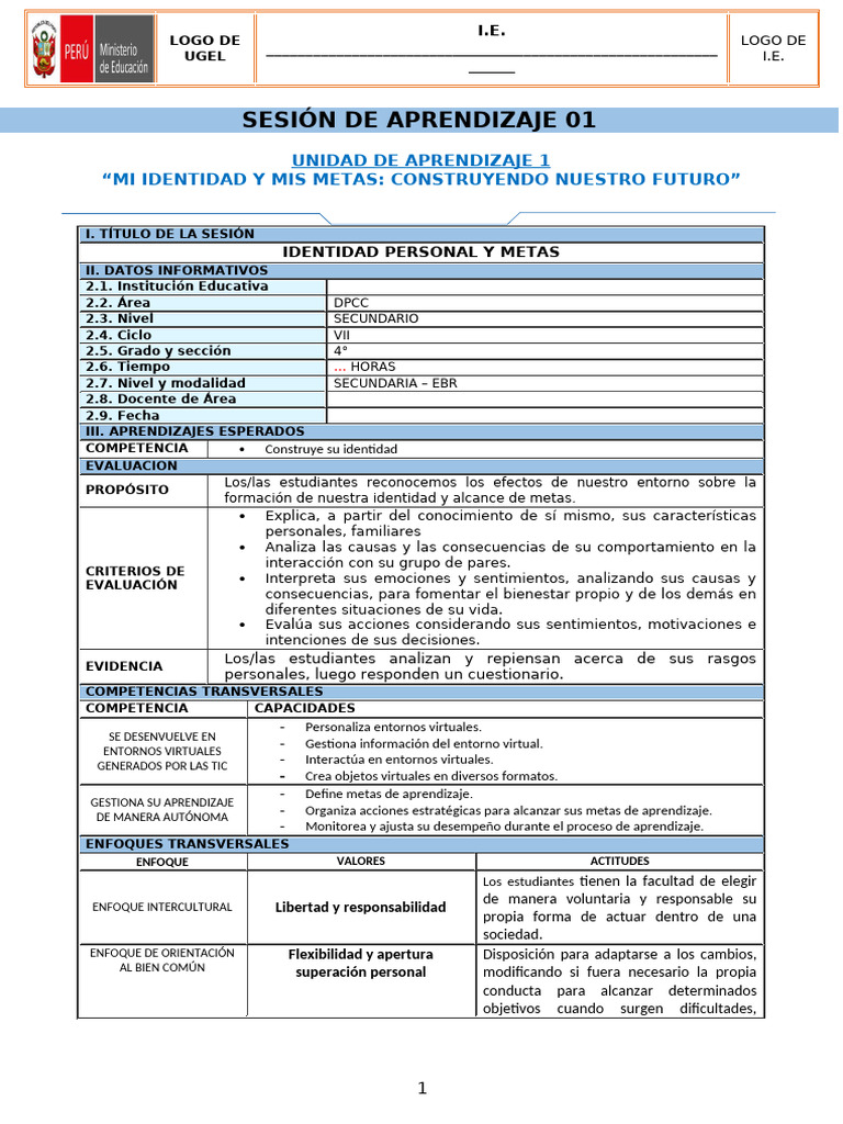DPCC 4° - Sesión de Aprendizaje 01 | PDF | Maestros | Aprendizaje
