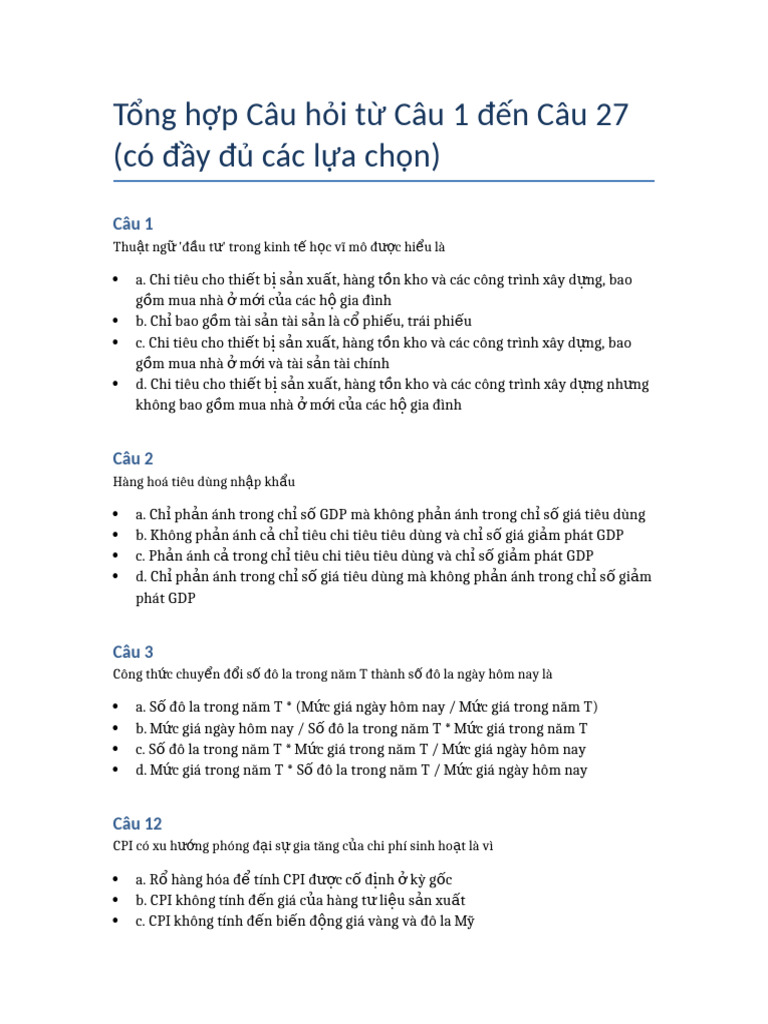 Cau Hoi C1 Den C27 Day Du Lua Chon | PDF