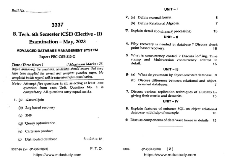 Btech Cse 6 Sem Advanced Database Management System 3337 May 2023 | PDF