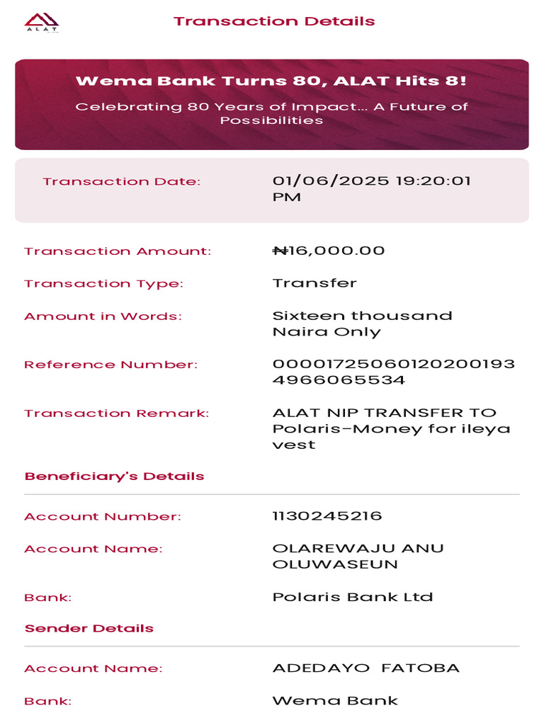 ALAT Transfer Receipt - OLAREWAJU ANU OLUWASEUN - 1130245216 - 16,000. ...