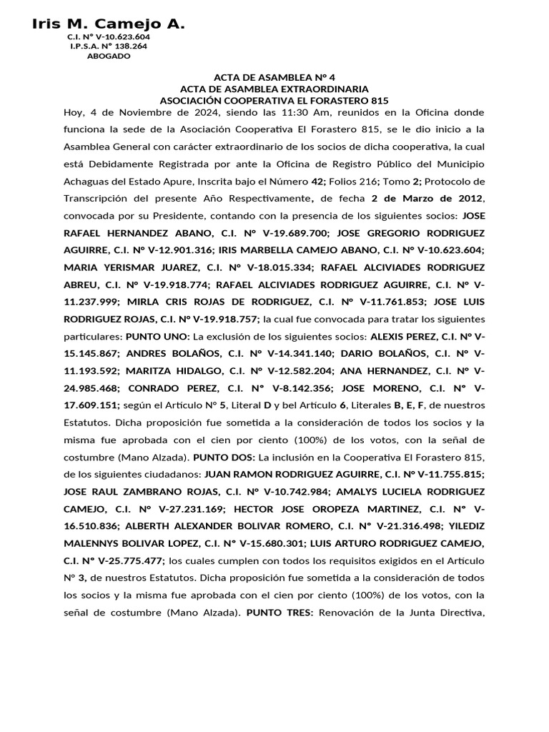 Acta No. 4 Asociacion Cooperativa El Forastero 815 | PDF | Gobierno