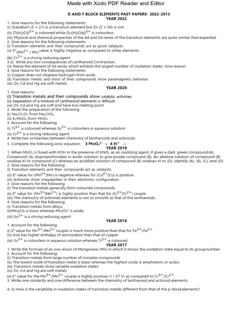D and F Block Past Papers | PDF | Transition Metals | Manganese